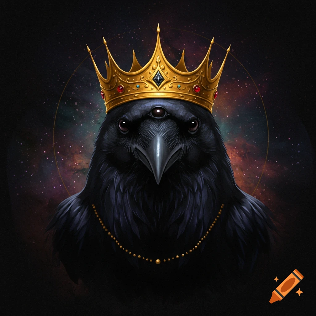 A crow with a golden crown and a third eye against a space background ...