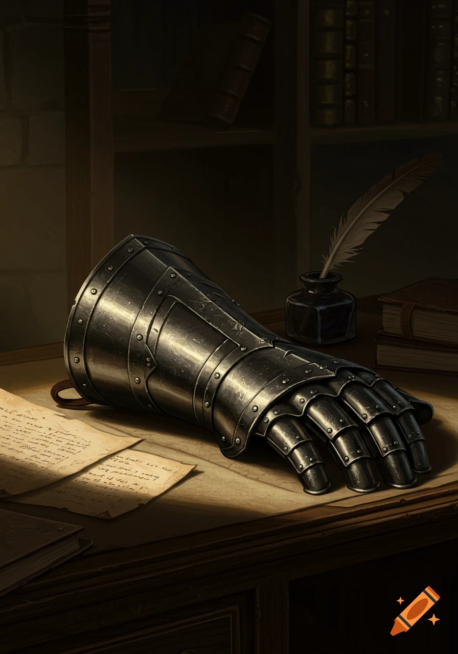 A detailed metal medieval gauntlet rests on a wooden desk beside papers ...