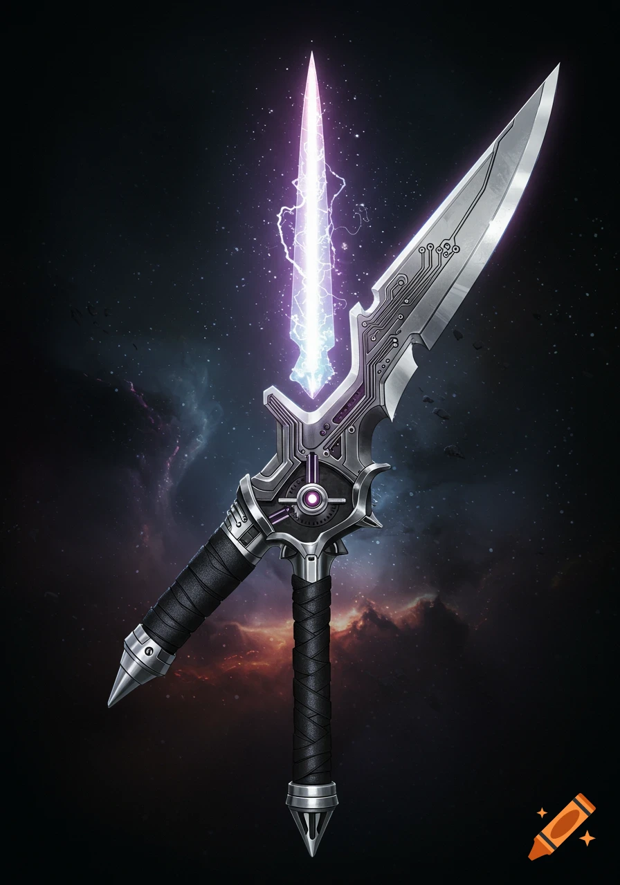 A futuristic sword with circuit patterns on the blade and a glowing ...