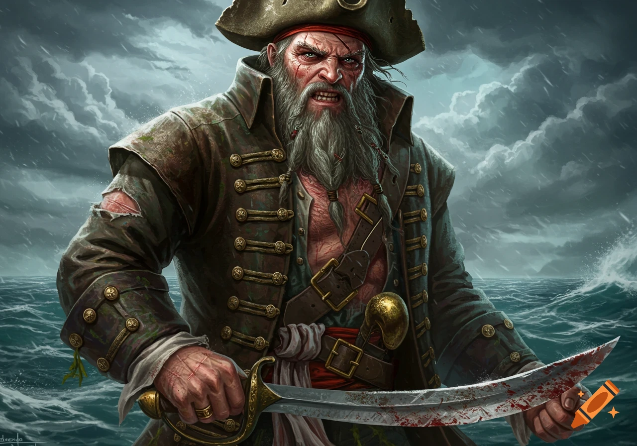 Fierce pirate captain with a beard and cutlass in a stormy sea. on Craiyon