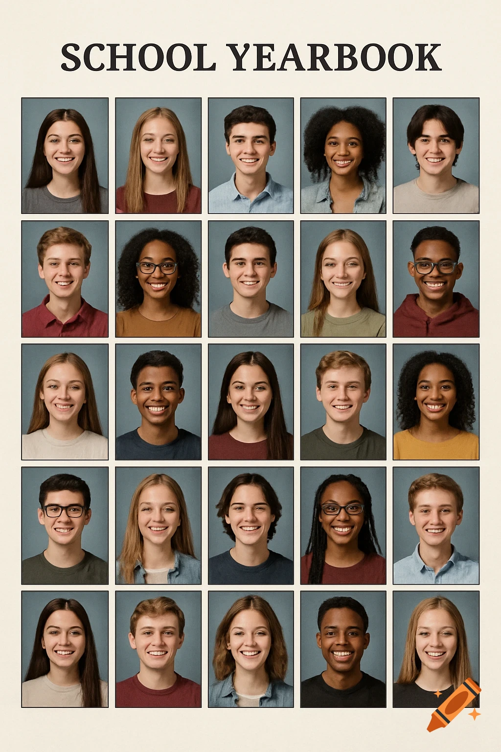 Grid of student portraits under the title SCHOOL YEARBOOK on Craiyon