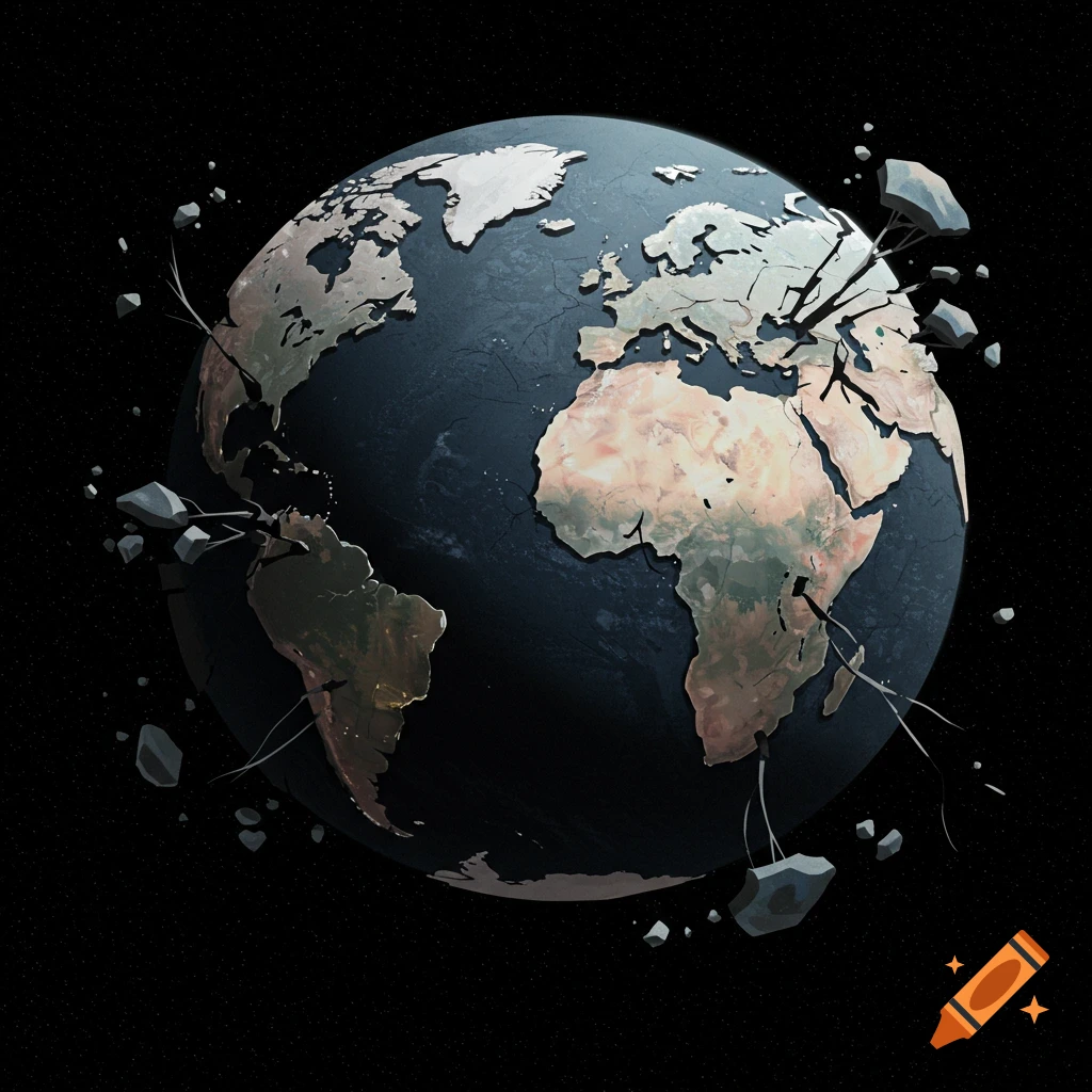 A digital illustration of a fractured Earth globe breaking apart in ...