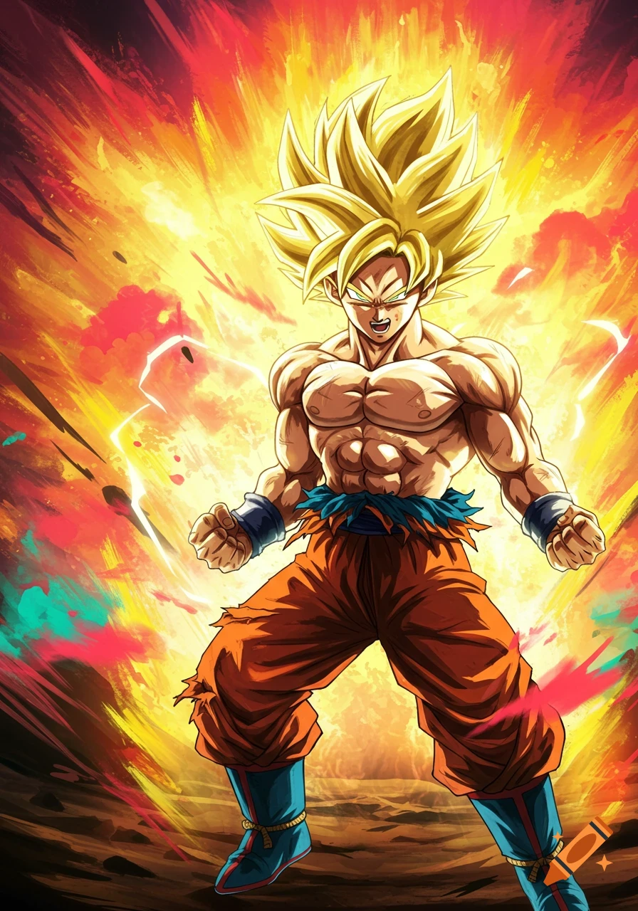 Super Saiyan Goku powering up surrounded by energy in an anime ...