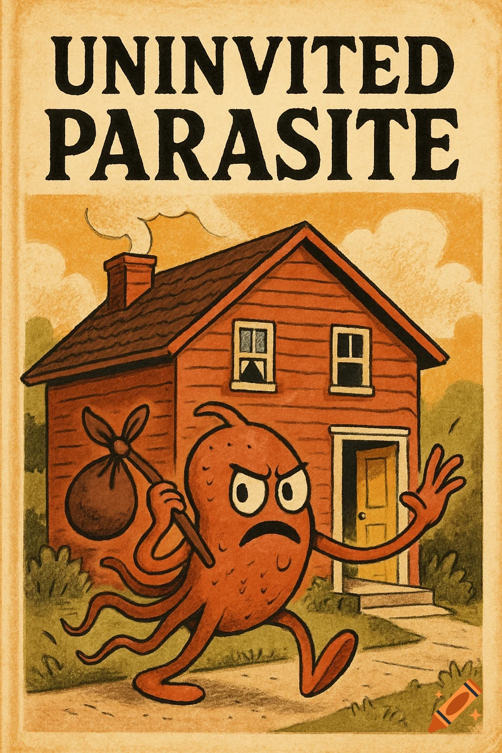 Illustration of a cartoon parasite creature leaving a house with a ...