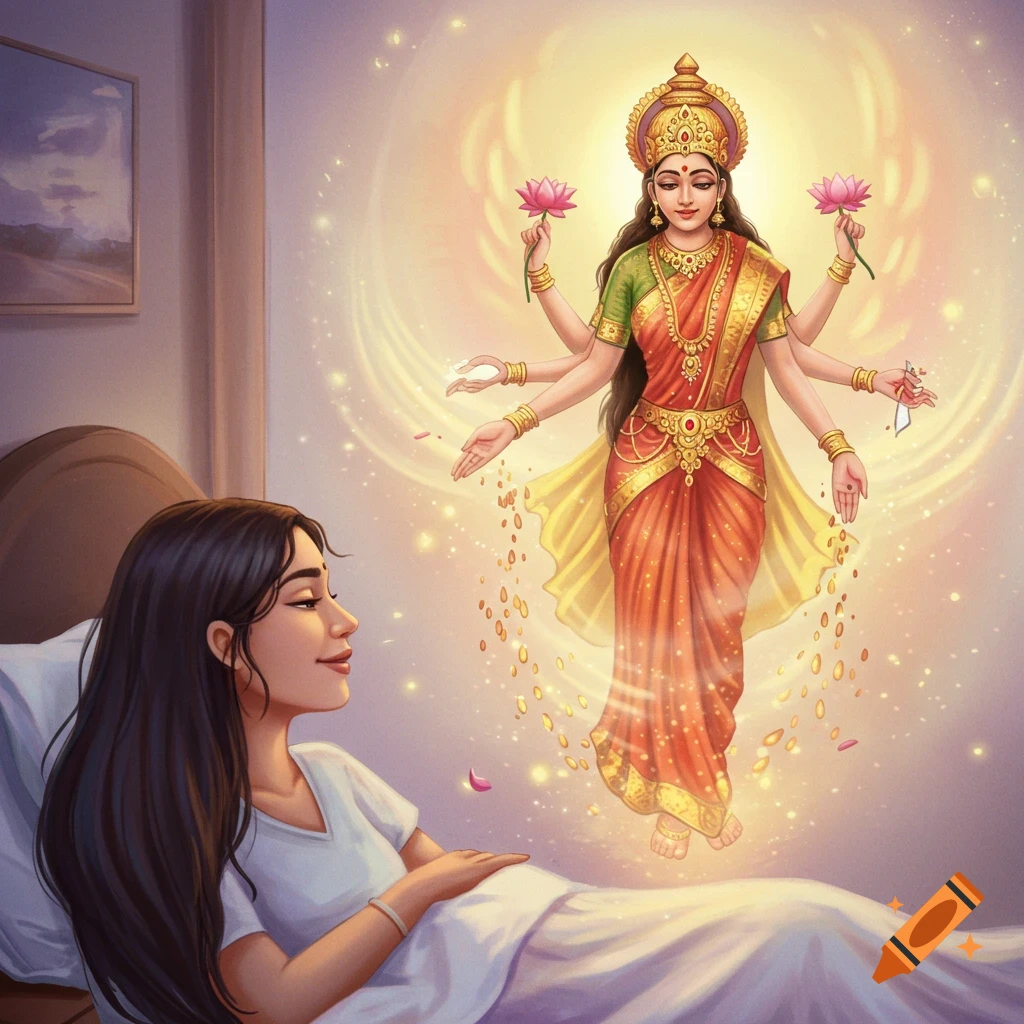 A woman lies in bed looking at a multi-armed goddess floating above her ...