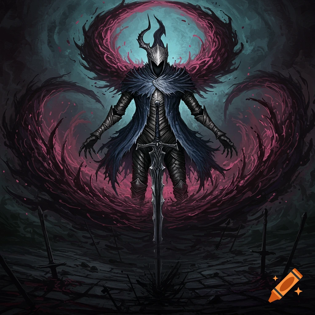 A dark fantasy illustration of a masked knight in ornate armor holding ...