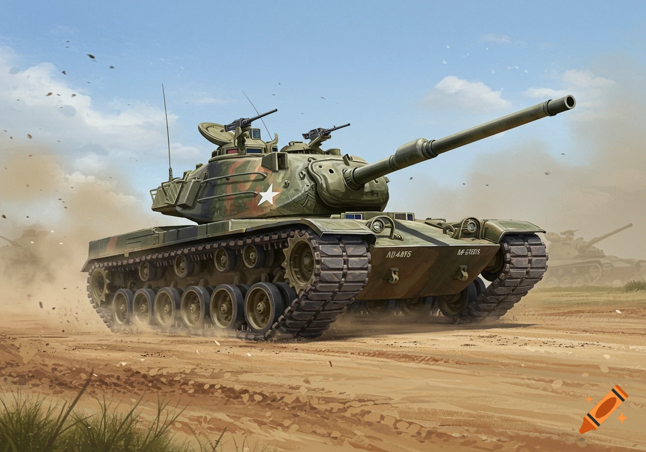 An illustration of an M48 Patton tank driving through a dusty desert landscape. on Craiyon