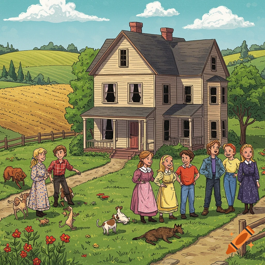 Illustration of a farmhouse in a rural field with children and dogs on ...