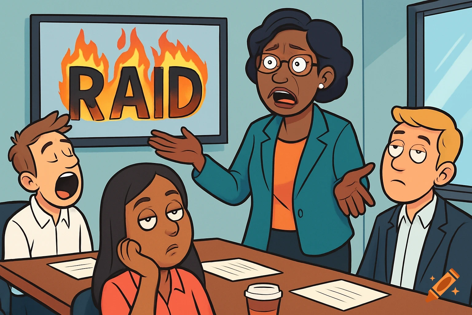 A cartoon depicts a woman presenting "RAID" with flames on a screen to ...