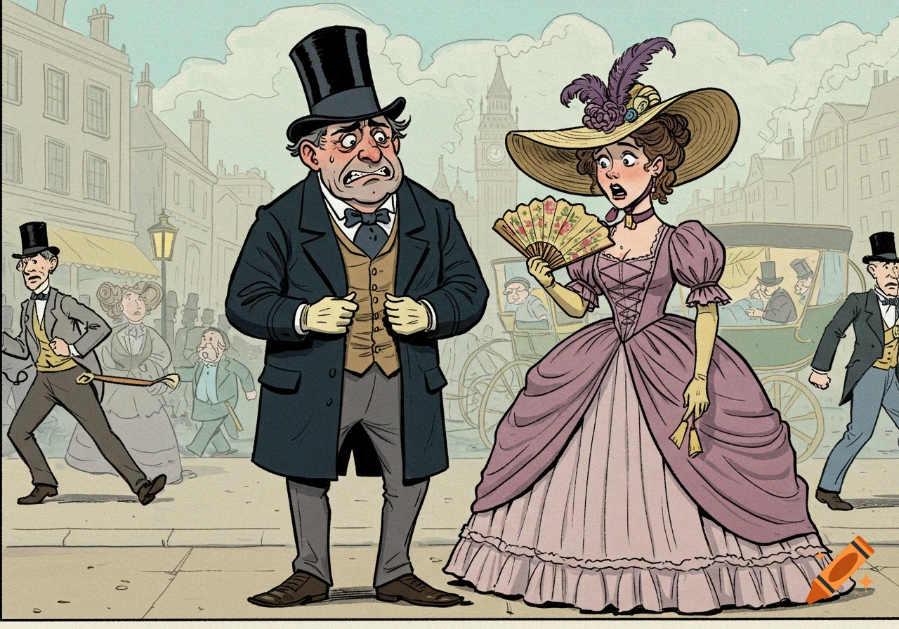 Cartoon of Victorian man looking distressed at a Victorian woman on a ...