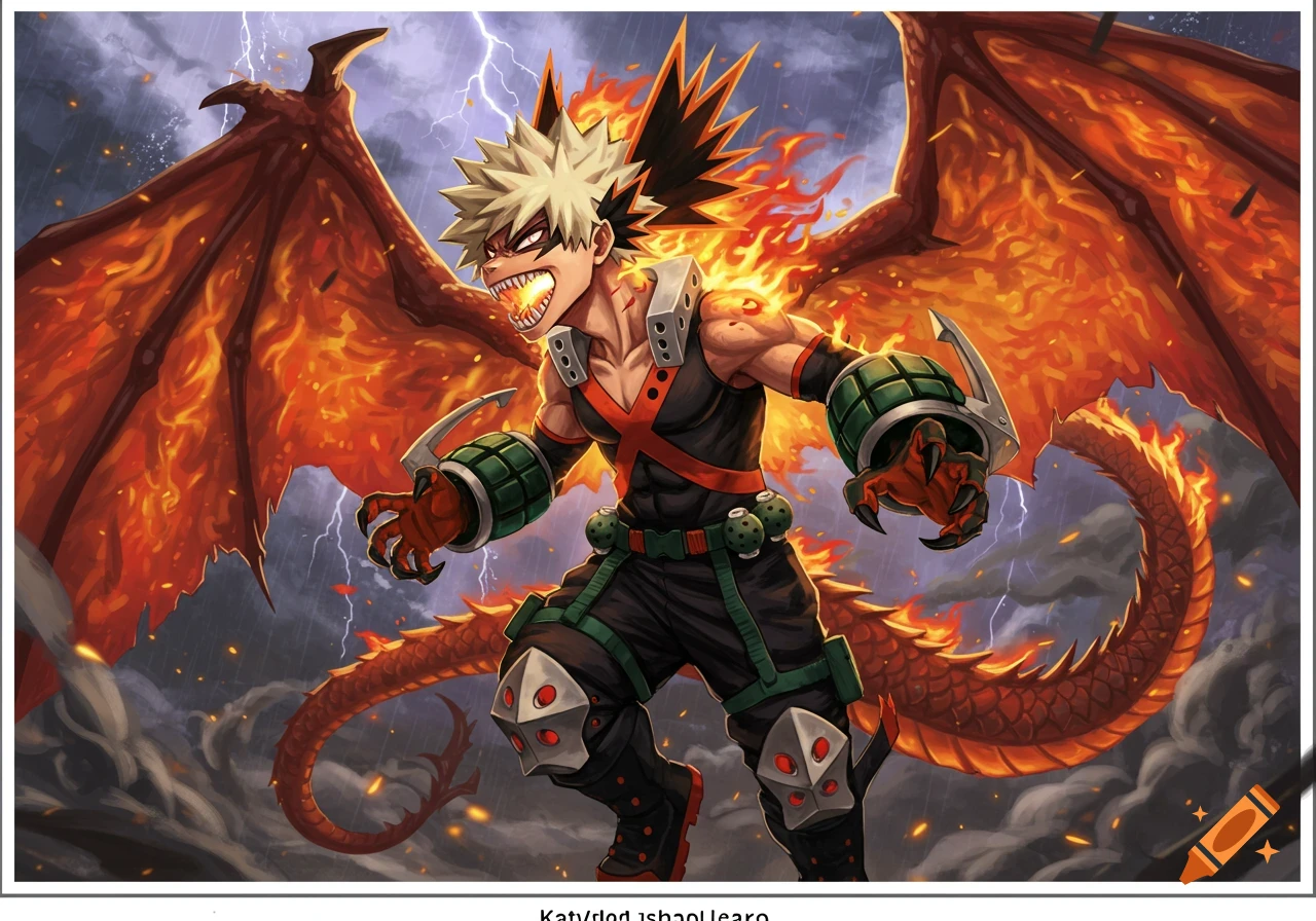 Anime character Bakugo with dragon wings and tail, surrounded by fire ...