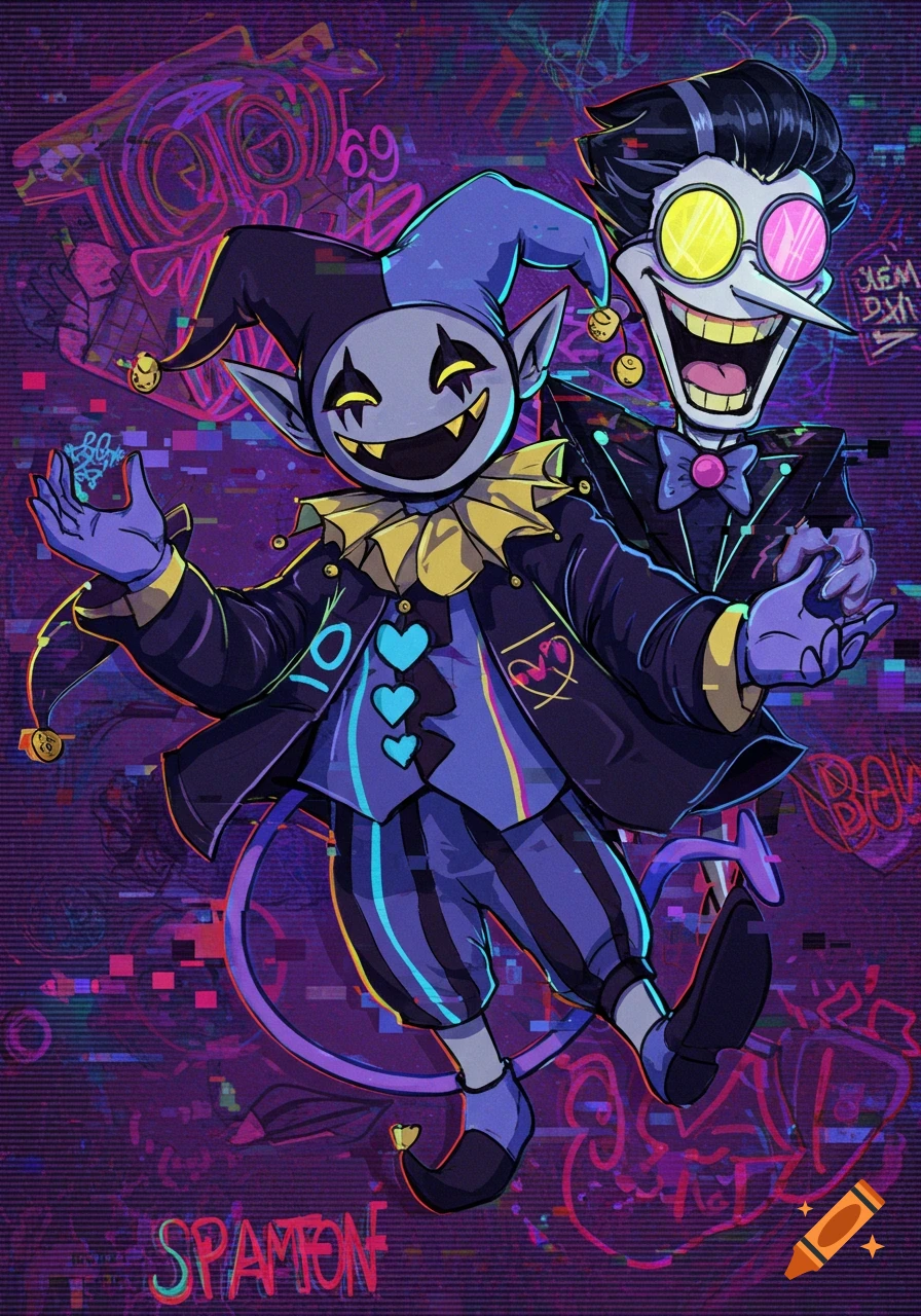 Cartoon characters Jevil and Spamton posing in a neon glitch art style. on Craiyon