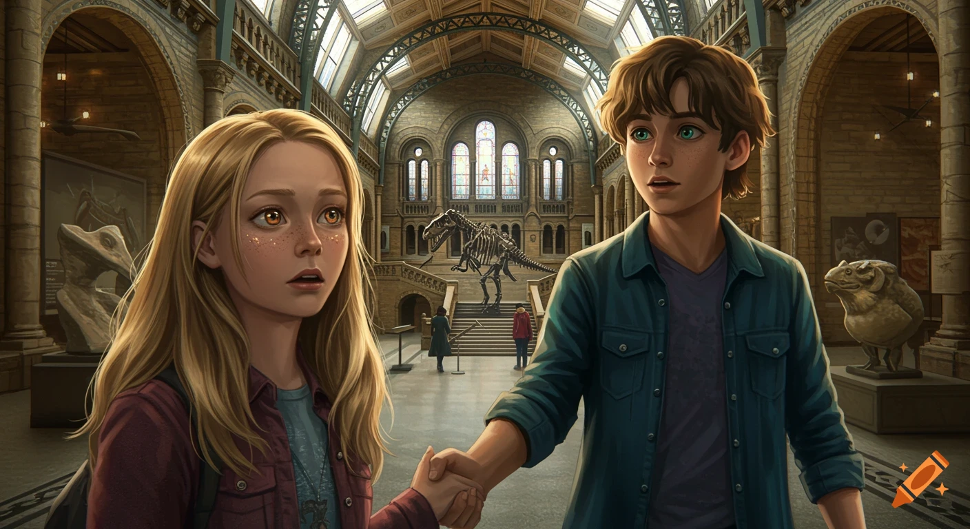 Cinematic illustration of two young people looking surprised in a grand ...