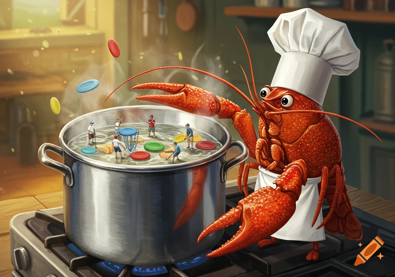 A crawfish chef looks at tiny people playing disc golf in a cooking pot ...