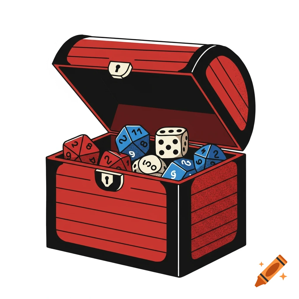 Illustration of a red treasure chest filled with colorful polyhedral ...