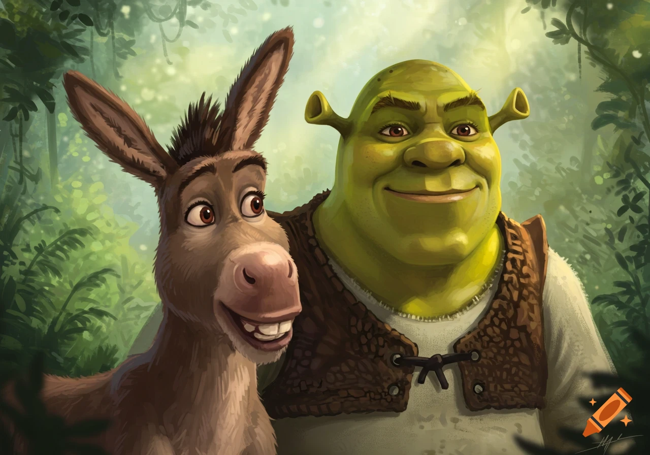 Shrek and Donkey smile in a forest digital painting. on Craiyon