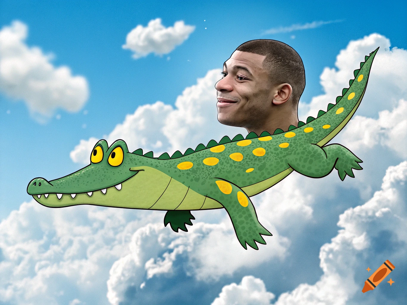 A cartoon green crocodile with a human face is flying through a cloudy ...