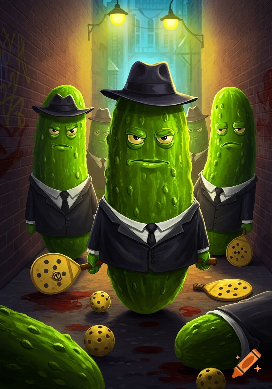 Illustration of pickle mafia in an alley holding pickleball paddles ...