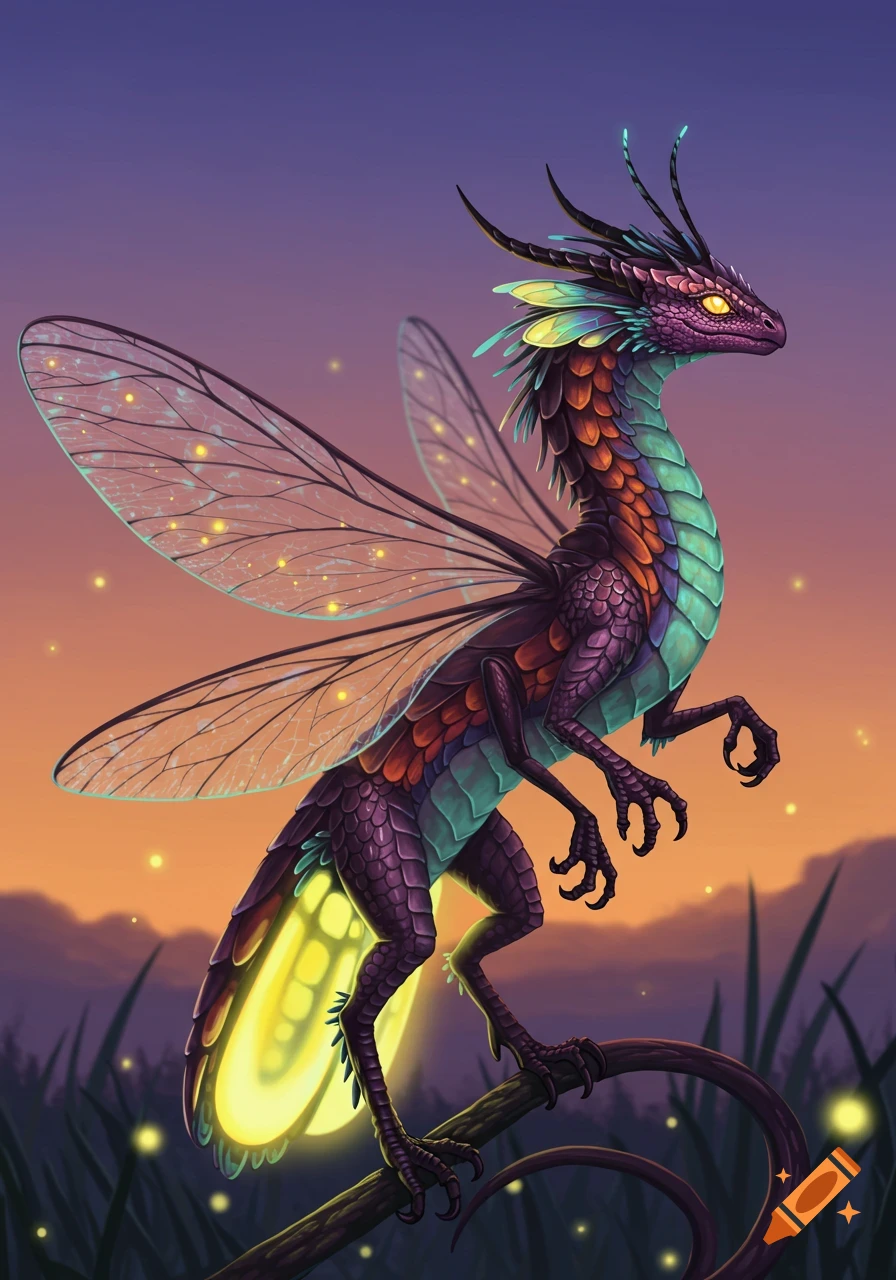 A purple and green firefly-dragon hybrid perches on a branch at dusk ...
