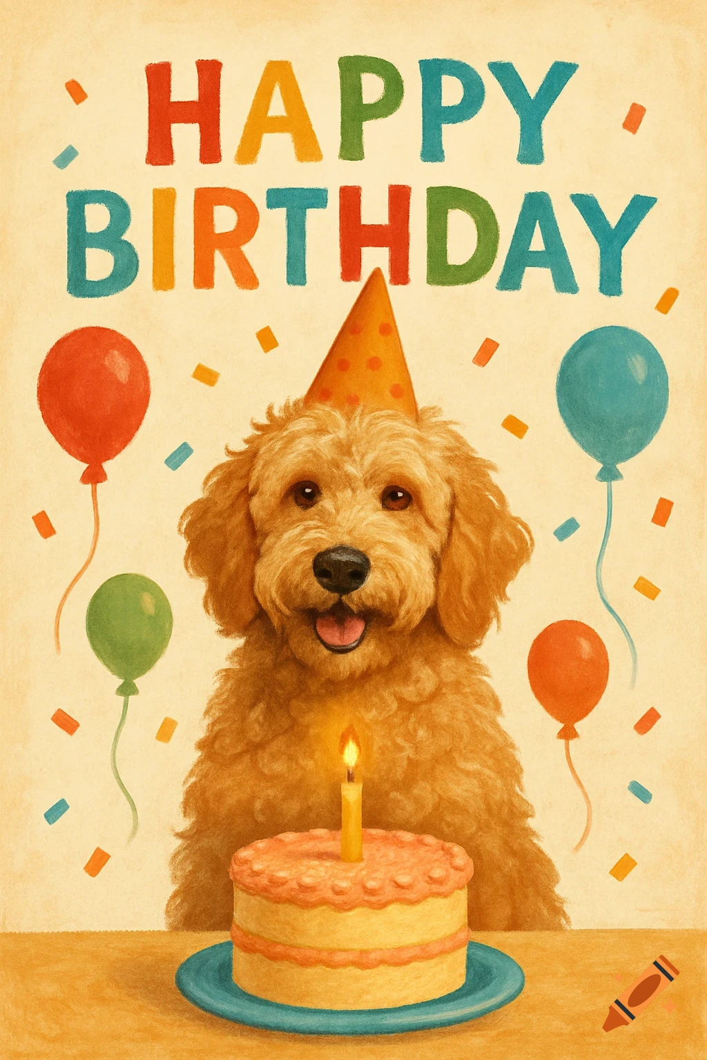 Labradoodle dog in a party hat with a birthday cake and balloons. Happy ...