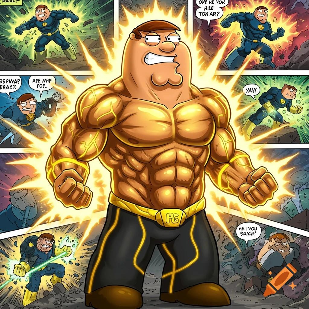Comic book style image of Peter Griffin as a muscular, glowing ...