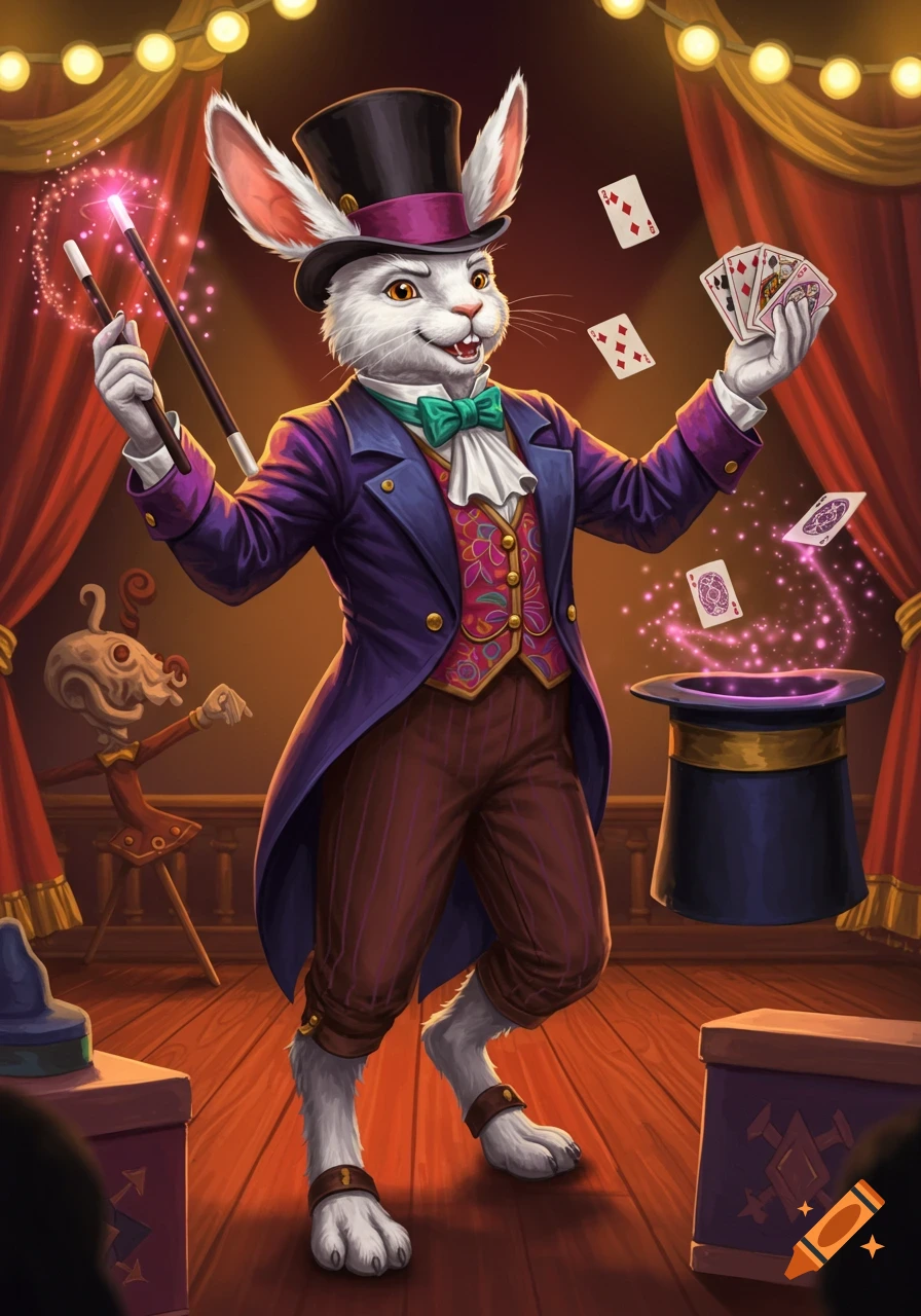 A white rabbit dressed as a stage magician performs a trick with cards ...
