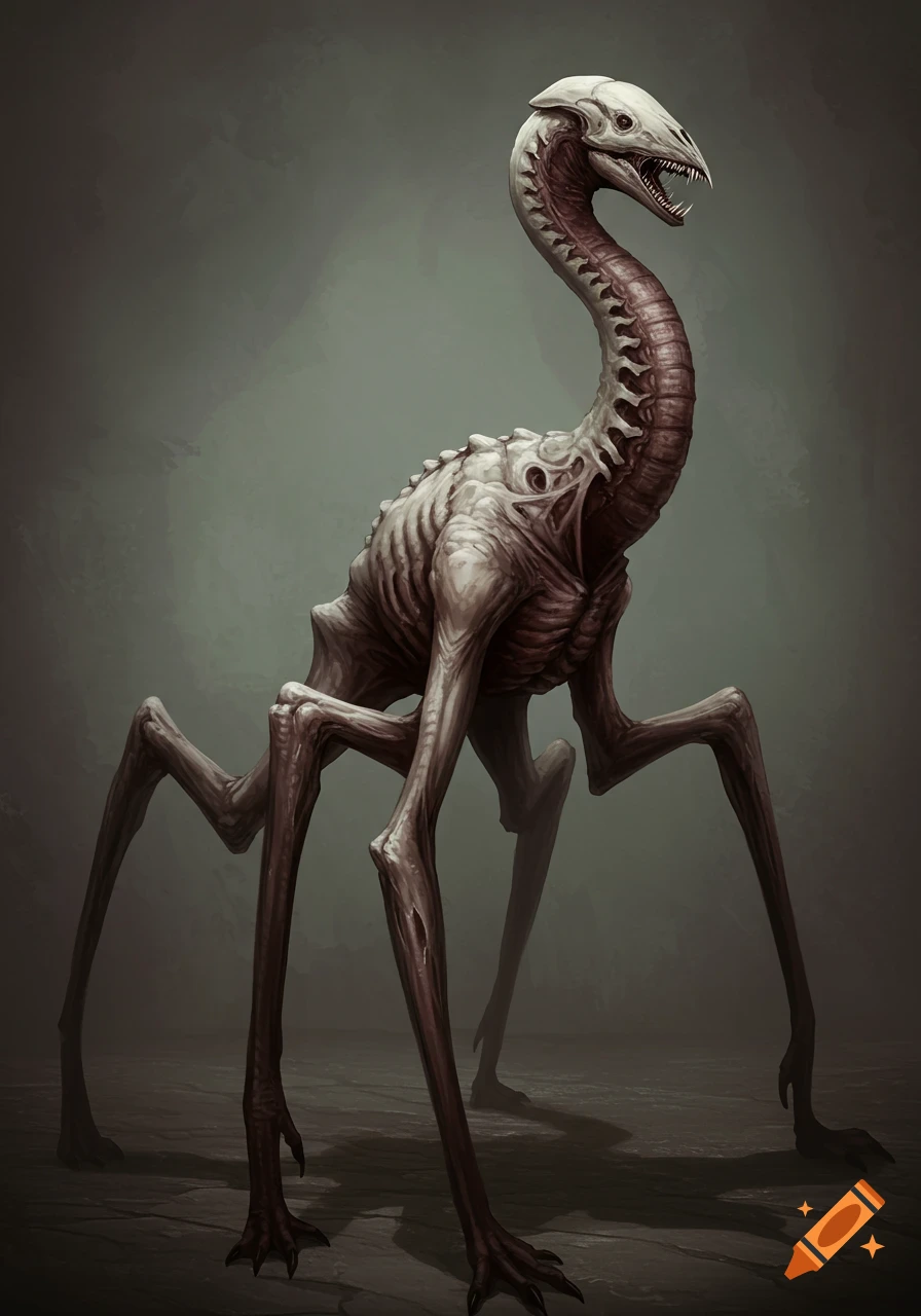 A terrifying skeletal four-legged creature with a long neck in a dark, painted style. on Craiyon