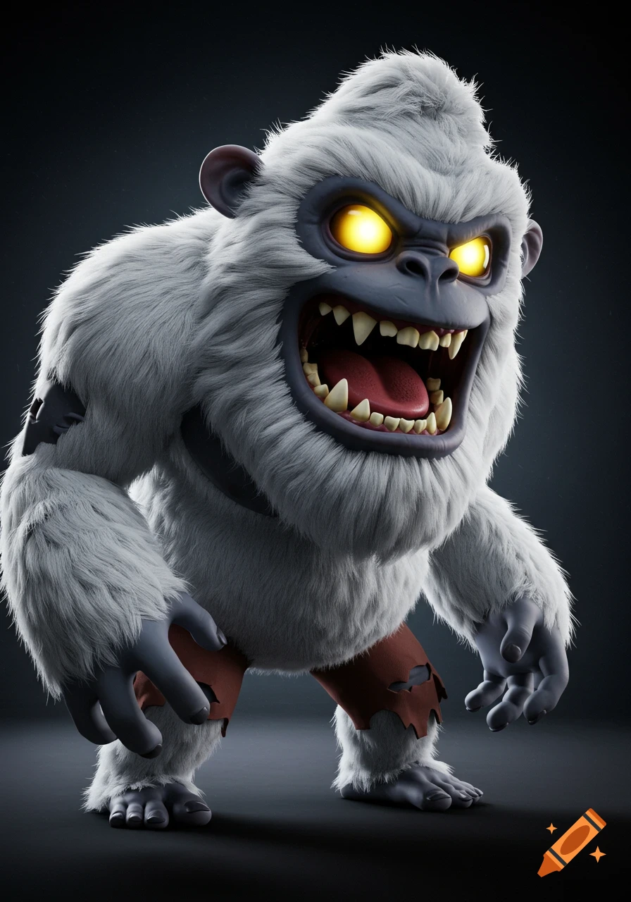 3D cartoon yeti with glowing eyes and large teeth. on Craiyon