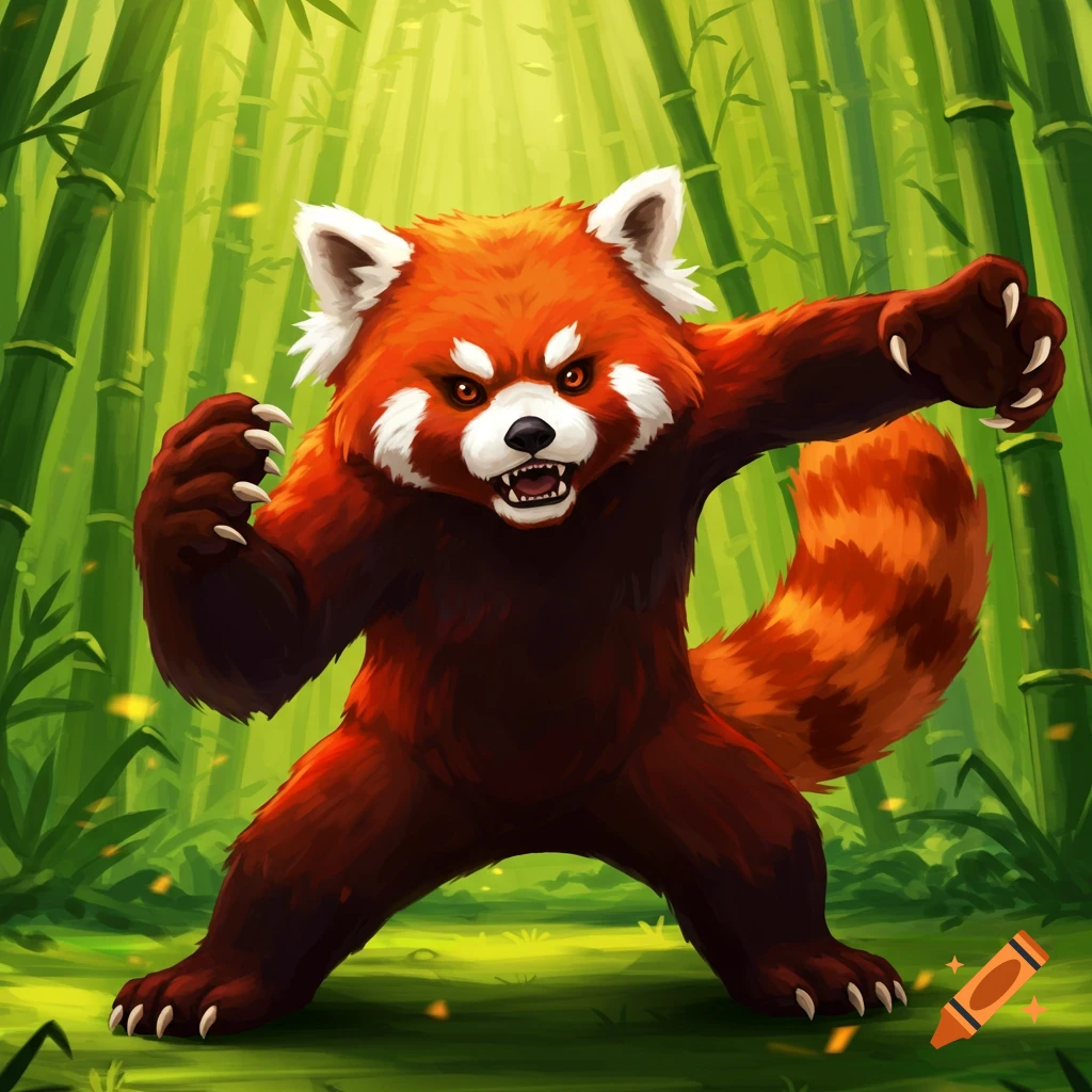 A stylized red panda in a fight stance in a bamboo forest. on Craiyon