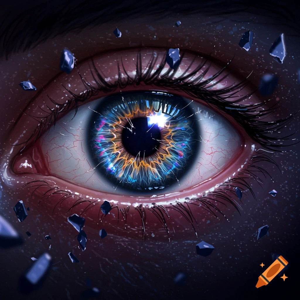 Close-up of a colorful, fragmented eye with glass shards flying around ...