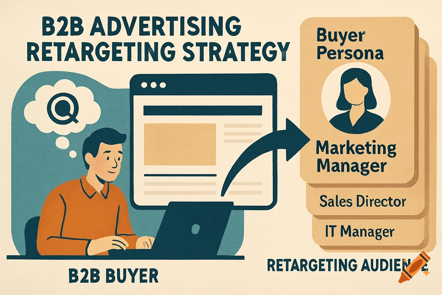 Illustration showing a man using a laptop connected via arrow to layered buyer persona cards for ...