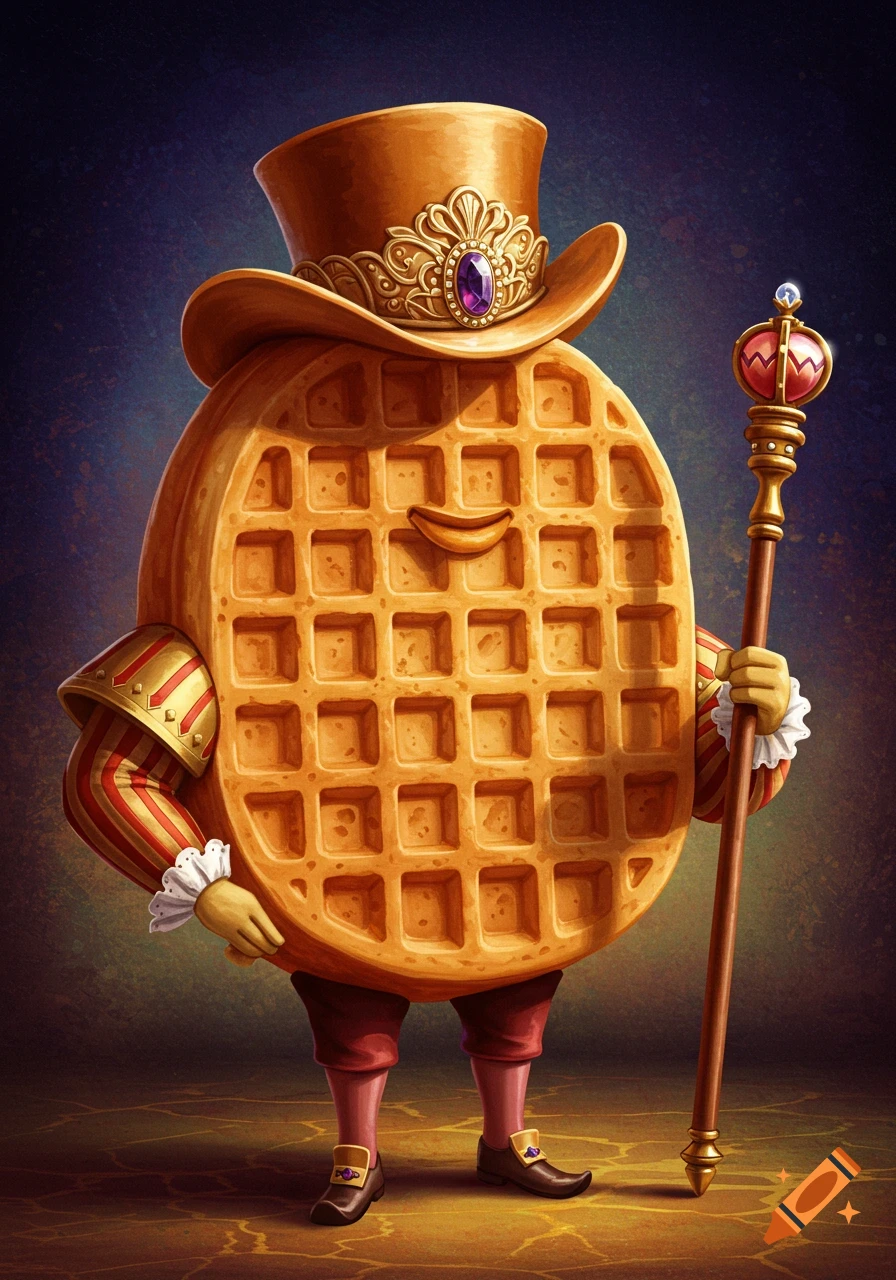 An anthropomorphic waffle king wearing a top hat, holding a royal staff ...