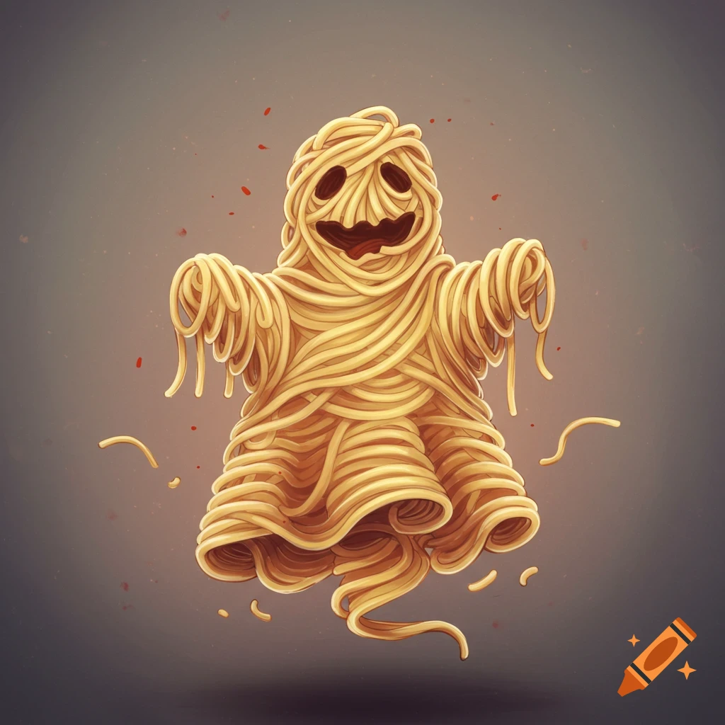 Cartoon illustration of a ghost made of spaghetti noodles on Craiyon