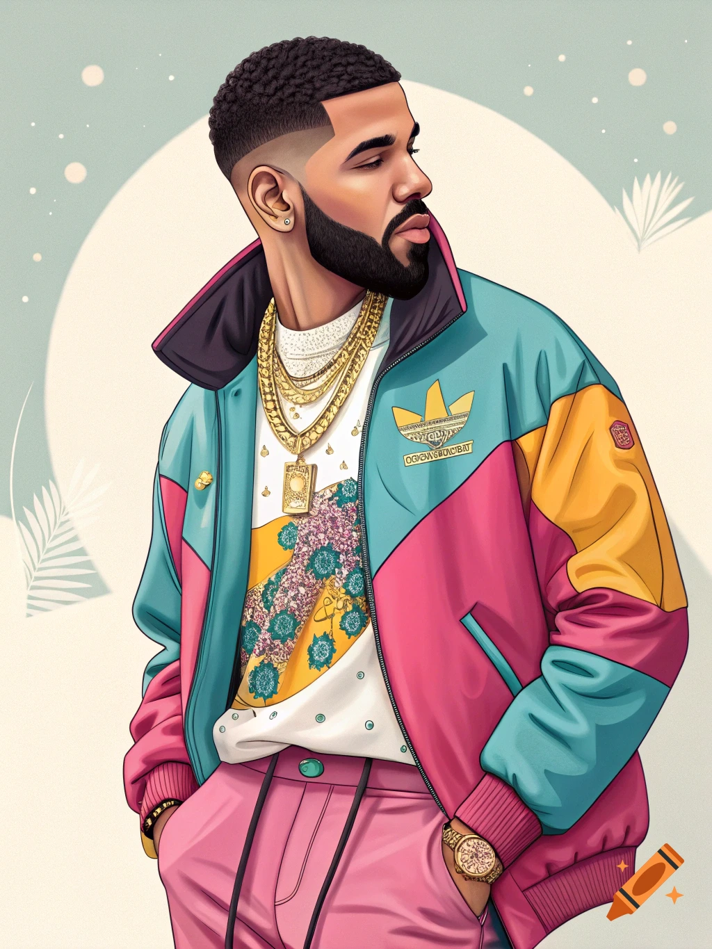 Stylized portrait of a man resembling Drake in a colorful jacket and ...