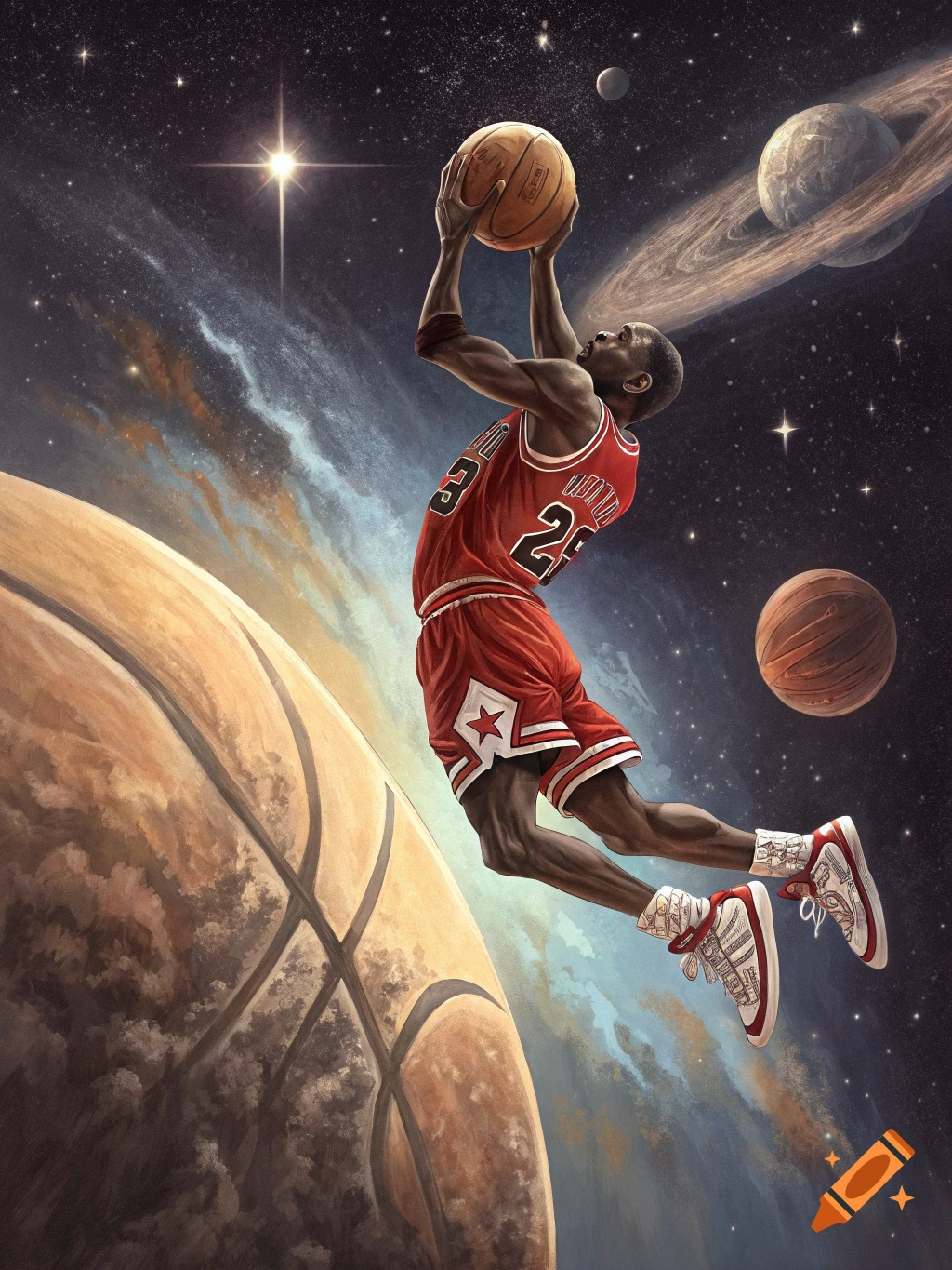 Michael Jordan dunking a basketball in space near planets and stars ...