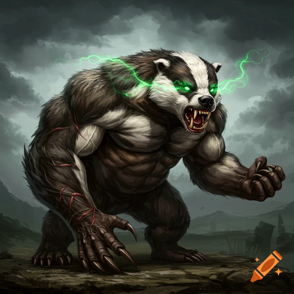 A large, muscular, mutated badger creature with glowing green eyes ...