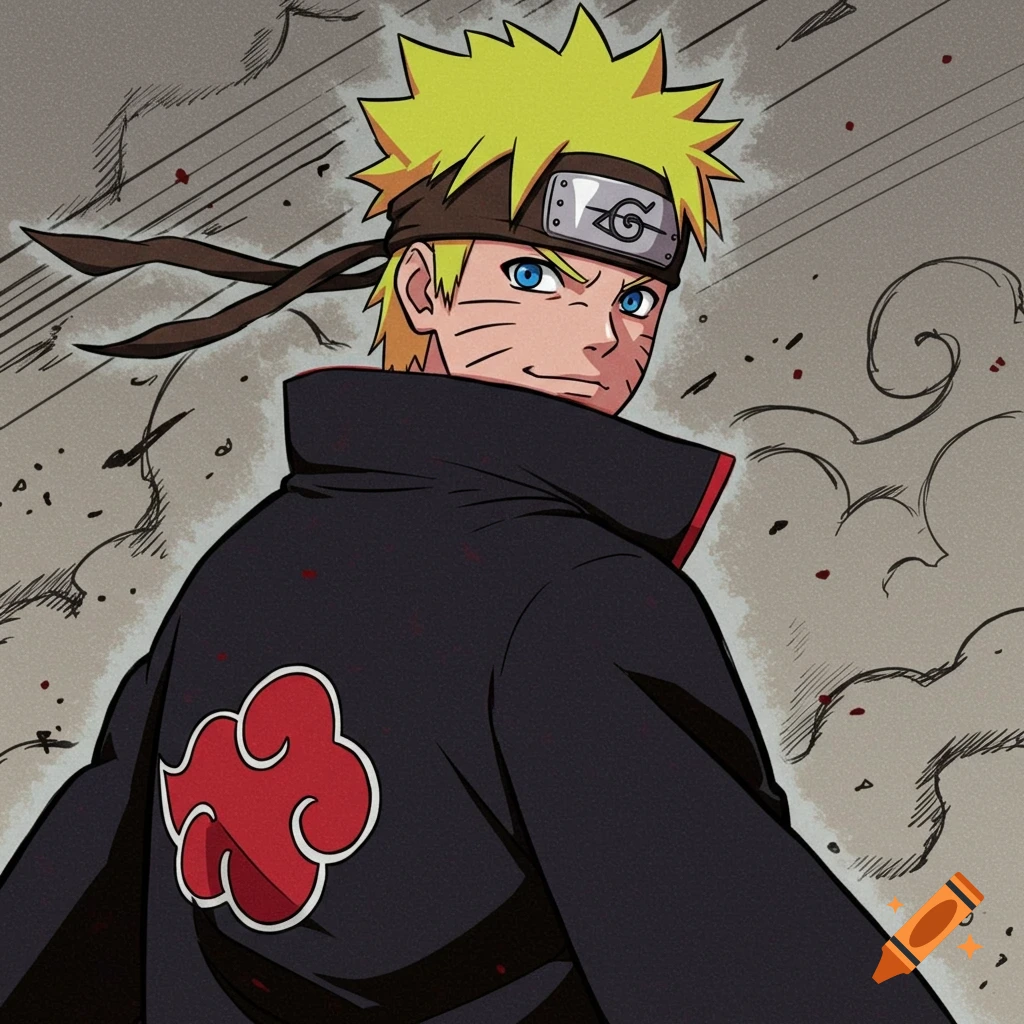 Naruto in an Akatsuki cloak in manga style. on Craiyon
