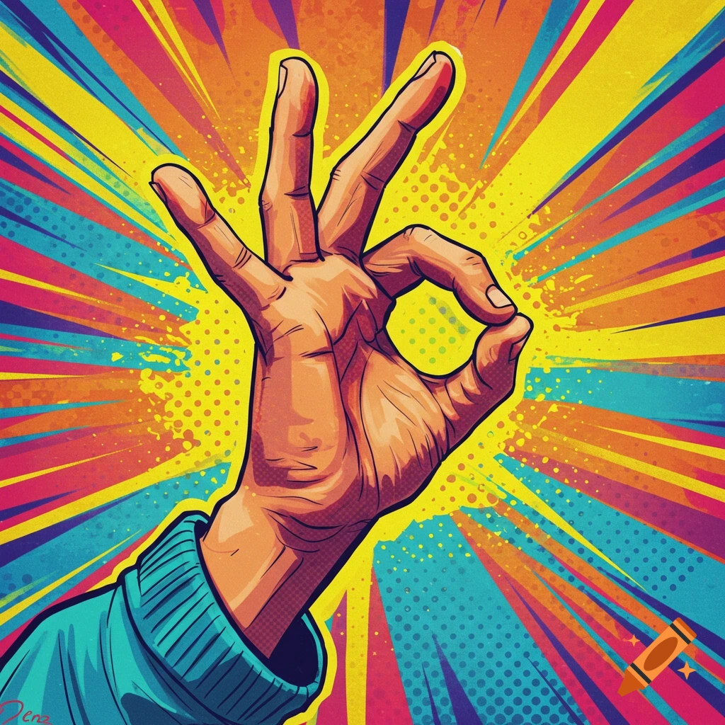 Hand making OK sign in bright pop art style with radial lines and dots ...
