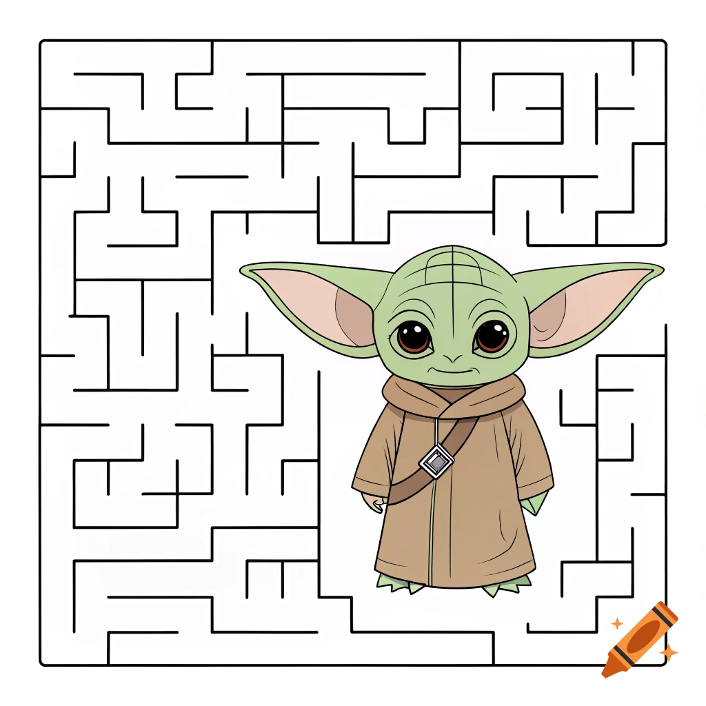Vector illustration of a maze with a cartoon Baby Yoda (Grogu) in the ...