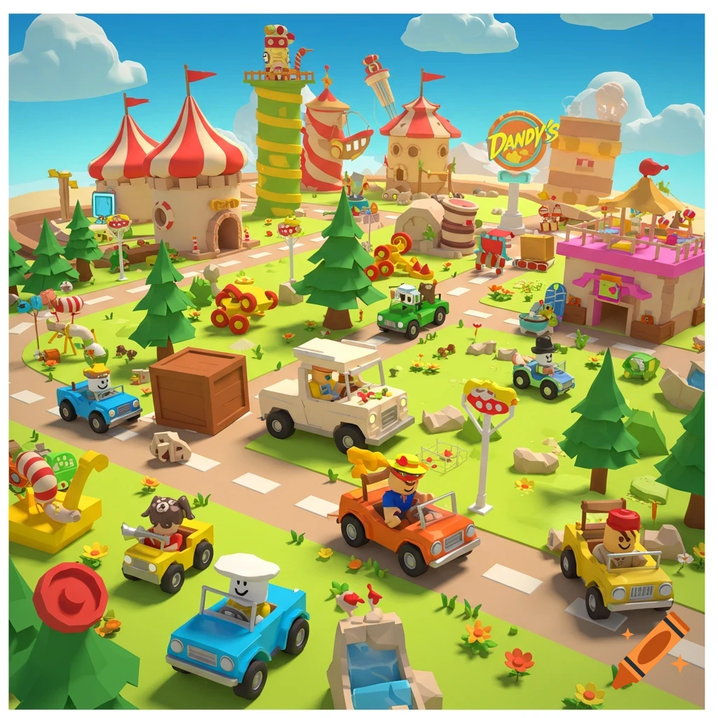A colorful, blocky 3D render of a toy world with buildings, vehicles ...