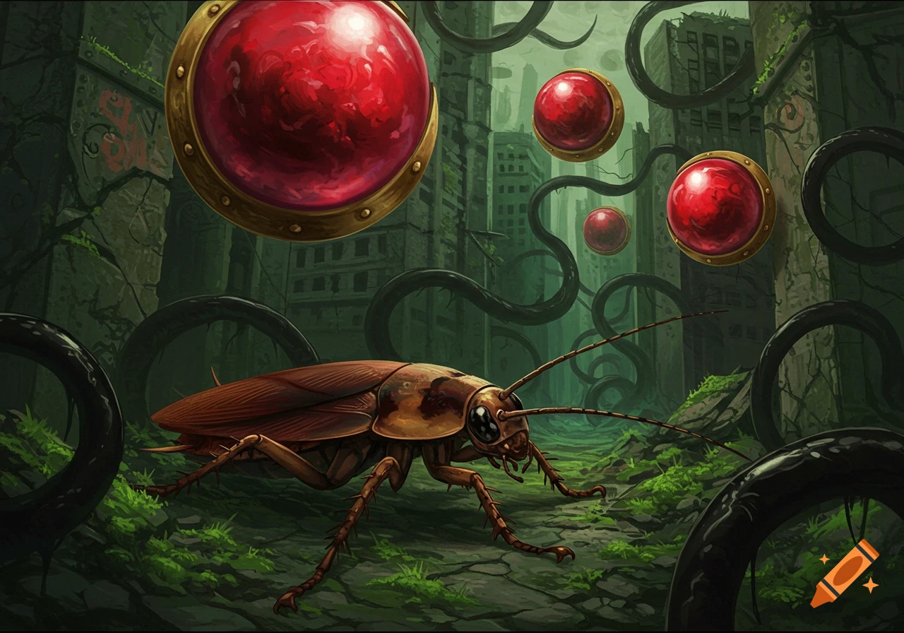 Giant cockroach in ruined city with red orbs and black tendrils ...