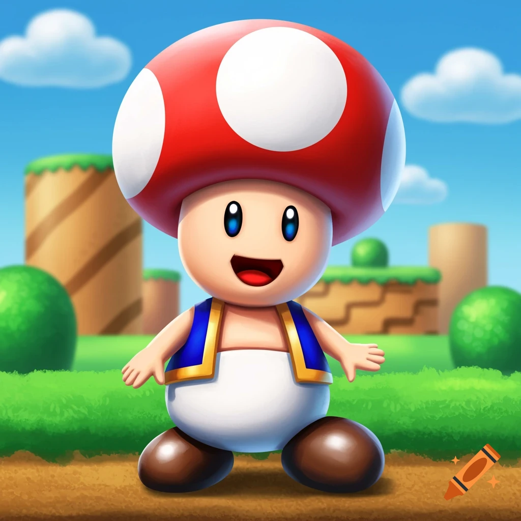 Toad from Super Mario standing in a game world setting. on Craiyon