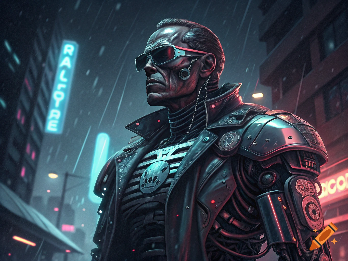 Cyborg in a leather coat and sunglasses in a rainy cyberpunk city on ...