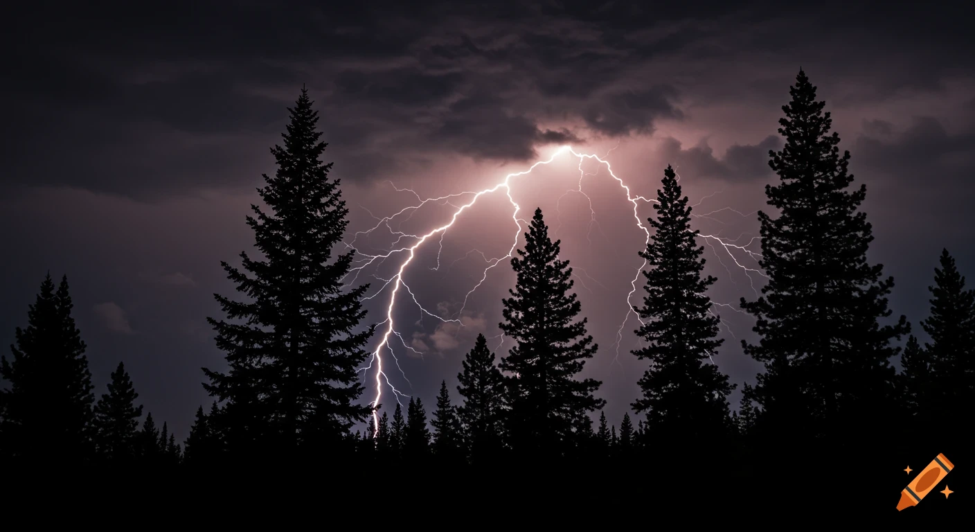 Lightning strikes among silhouetted pine trees during a dark ...