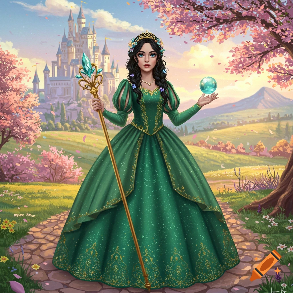 A princess in a green dress stands in a spring landscape with a castle ...