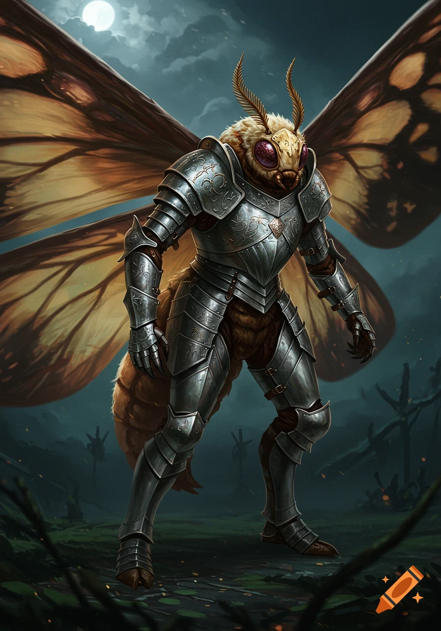 Giant moth creature wearing full plate armor stands in a dark fantasy ...