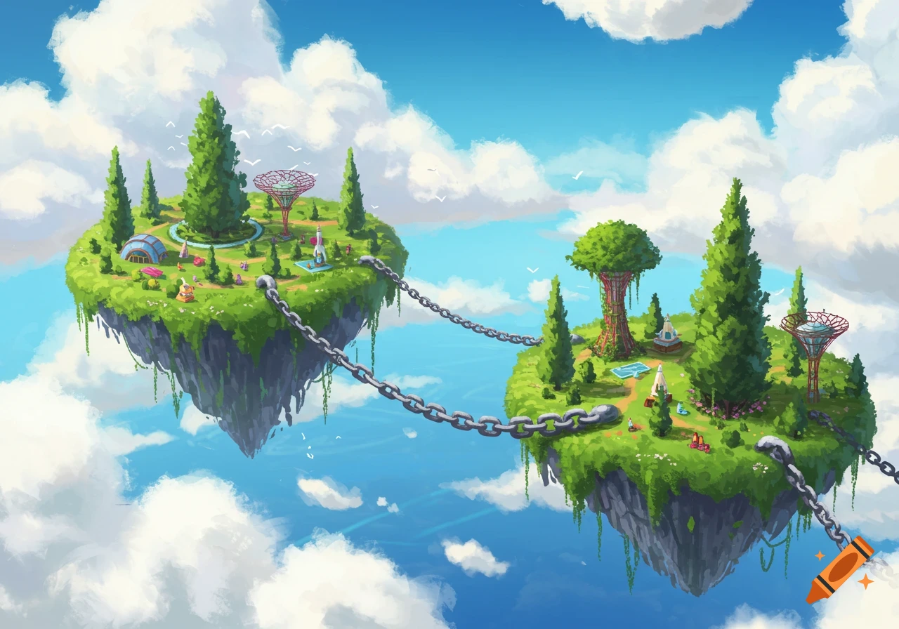 Two floating islands with grass and trees connected by chains in a blue ...