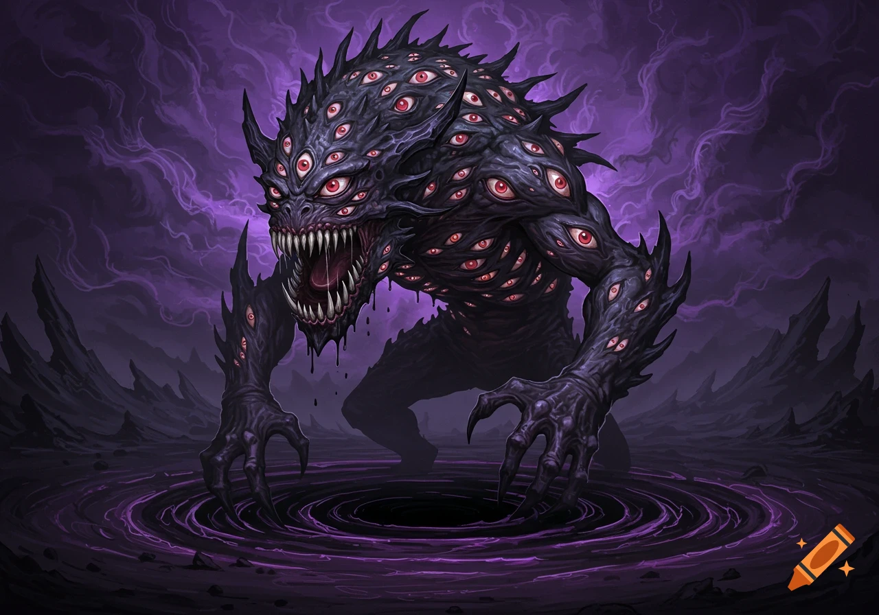 A dark monster covered in many red eyes stands over a swirling abyss ...
