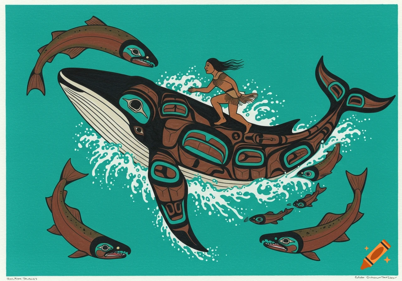 Haida native art of a person riding a whale surrounded by salmon on Craiyon