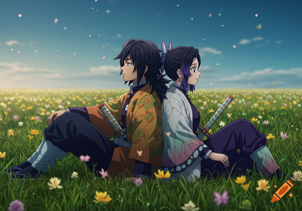 Demon Slayer characters sitting back-to-back in a sunny flower field ...